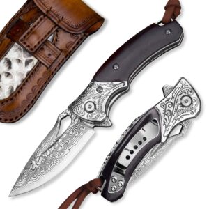 spirit deed outdoor folding pocket knives with sheath,handmade japanese vg10 damascus steel,rosewood handle,pocket clip for carving camping paring