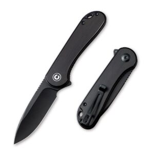 civivi folding pocket knife, 2.96" d2 black stonewashed blade black ebony wood handle, elementum liner lock flipper knife with deep carry pocket clip for edc c907w