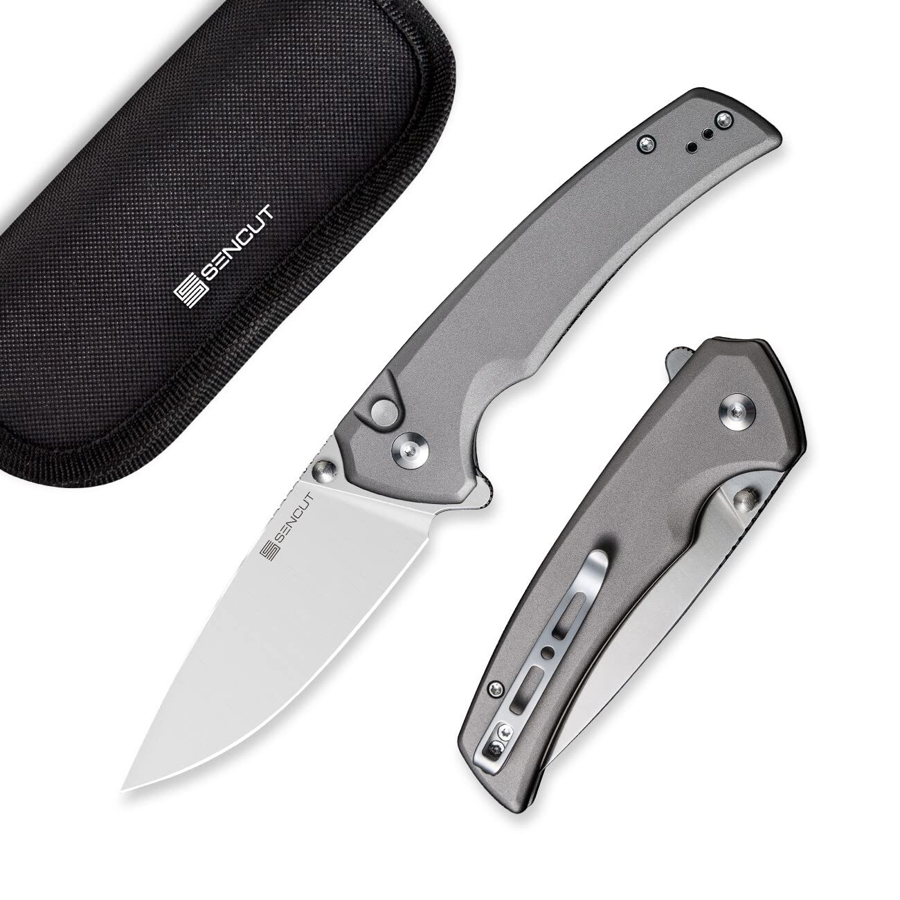 SENCUT Button Lock Pocket Knife for EDC, Serene Folding Knife, Thumb Stud & Flipper Opener, Aluminum Handle with 3.48" D2 Black Stonewashed Blade for Outdoor, Camping, Hunting S21022B-3 (Gray)