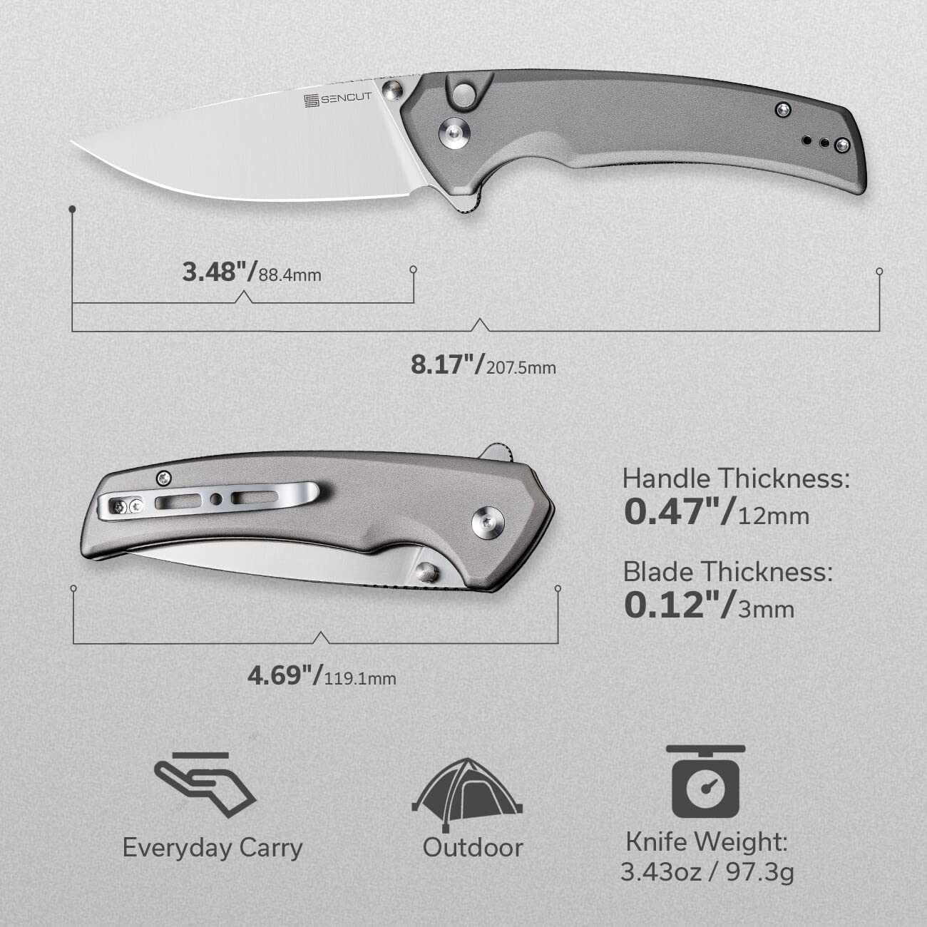 SENCUT Button Lock Pocket Knife for EDC, Serene Folding Knife, Thumb Stud & Flipper Opener, Aluminum Handle with 3.48" D2 Black Stonewashed Blade for Outdoor, Camping, Hunting S21022B-3 (Gray)