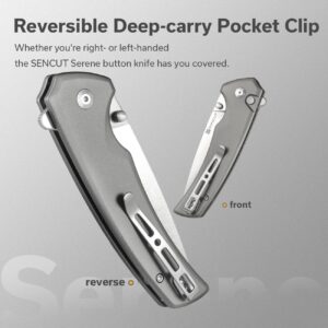 SENCUT Button Lock Pocket Knife for EDC, Serene Folding Knife, Thumb Stud & Flipper Opener, Aluminum Handle with 3.48" D2 Black Stonewashed Blade for Outdoor, Camping, Hunting S21022B-3 (Gray)