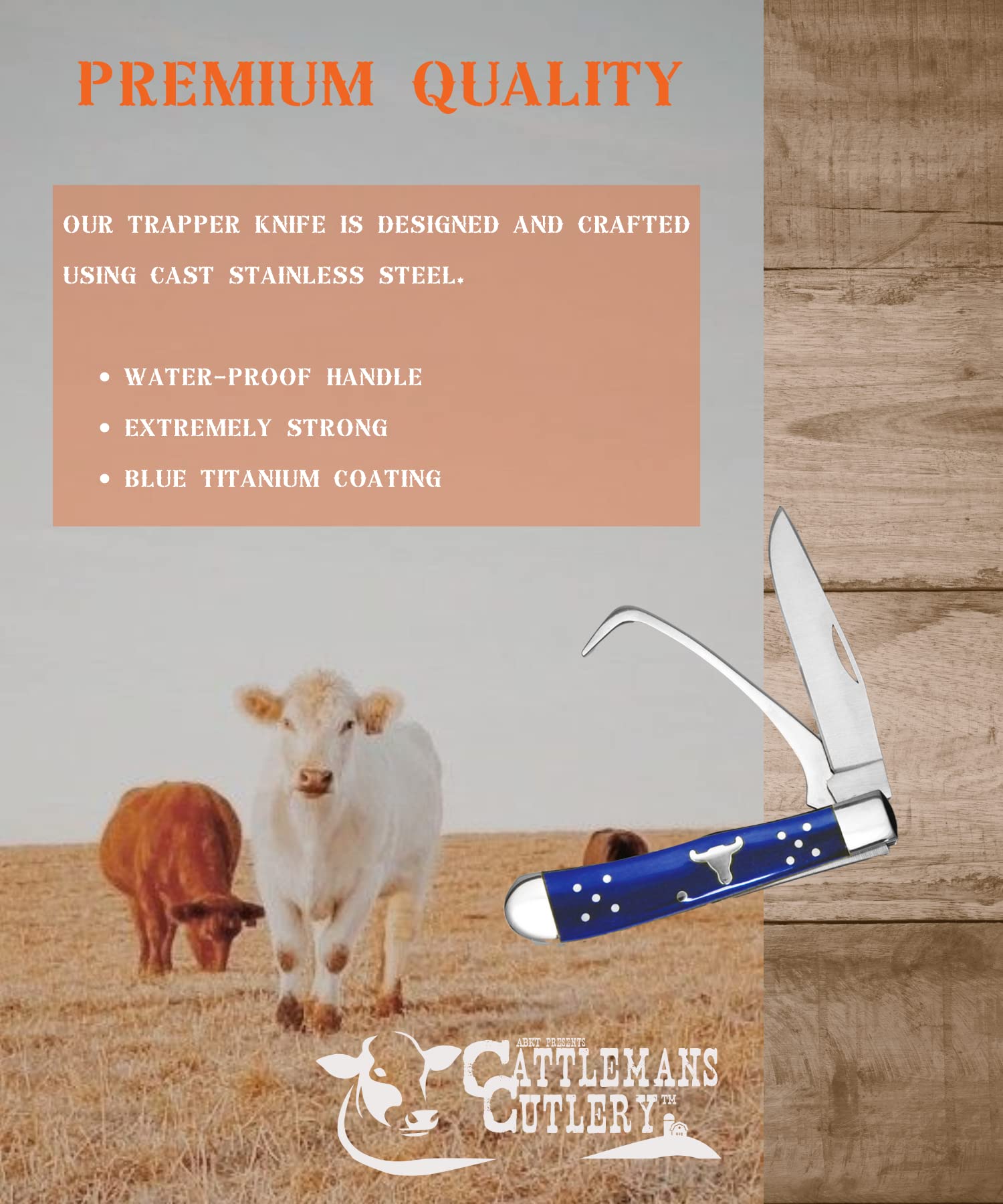 Cattlemans Cutlery Farrier Knife - Stainless Steel Pocket Knife with Hoof Pick (Blue)