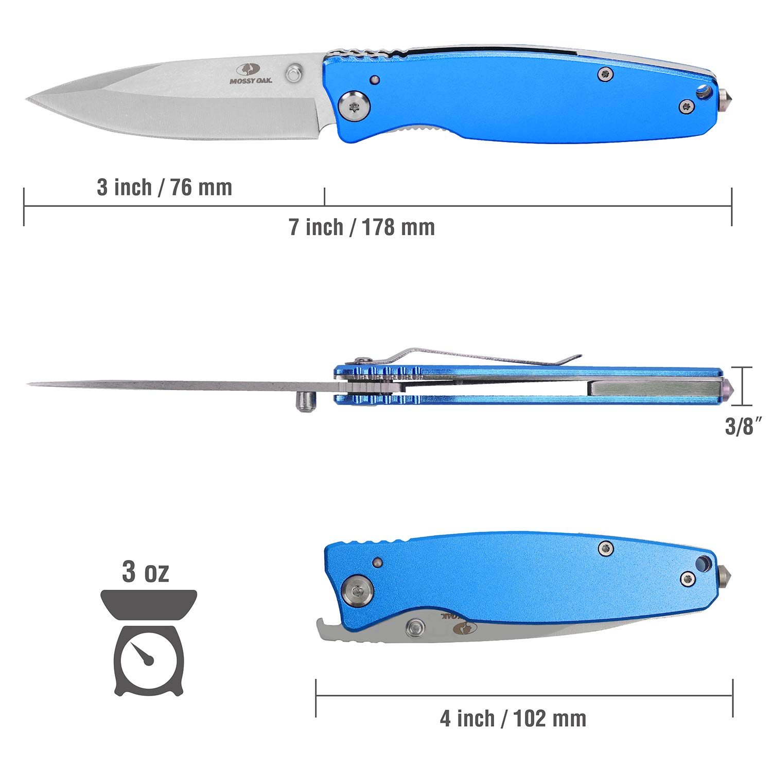 Mossy Oak Folding Pocket Knife, 7-inch Stainless Steel Drop Point Blade Knife EDC, Multi-Functional Tool with Bottle Opener and Glass Breaker