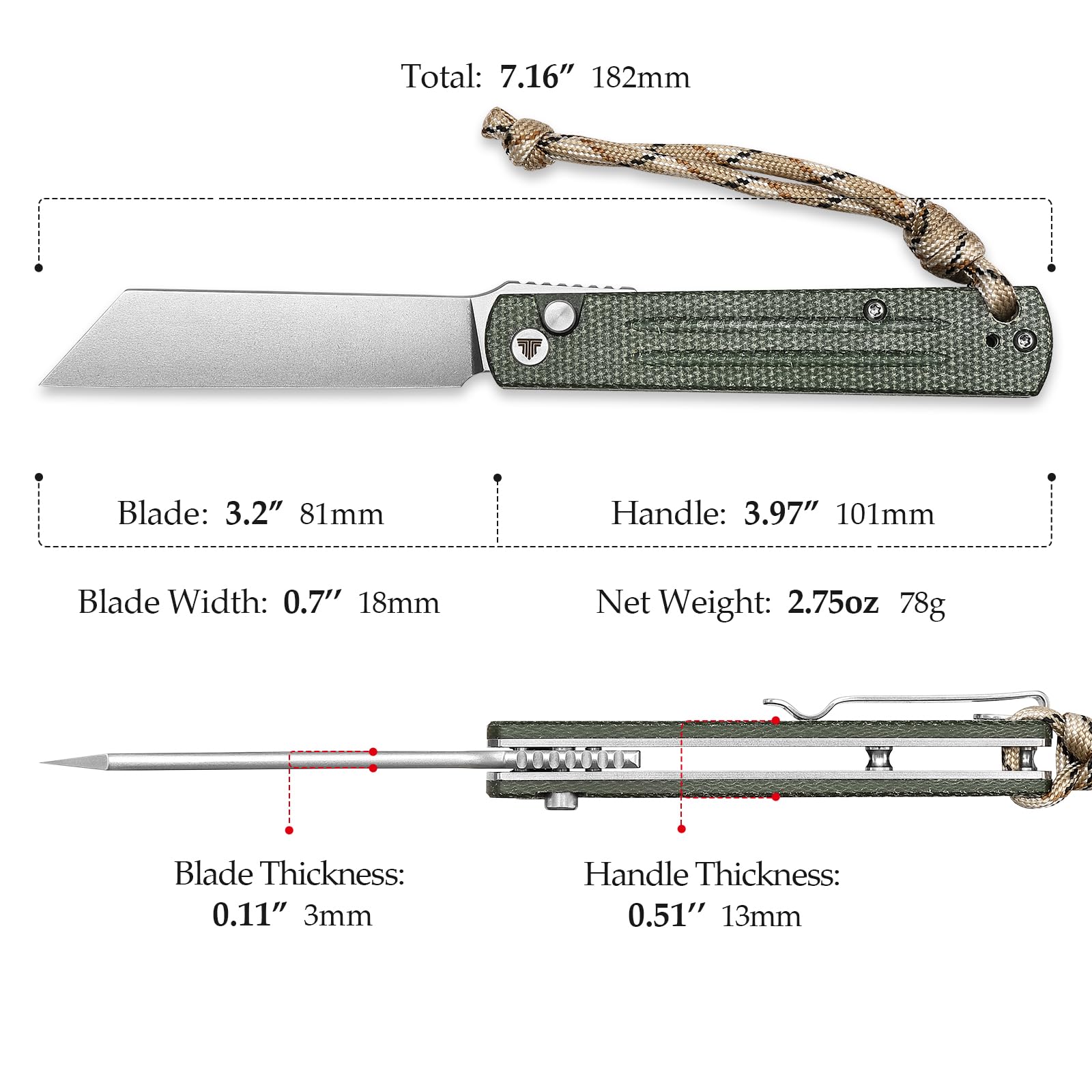 TRIVISA Japanese Higonokami Razor Button Lock Folding Pocket Knife for Men or Women, EDC Tool Camping Outdoor Knives with Pocket Clip，3.2" 10Cr15CoMoV Blade and Micarta Handle Hydra-04G