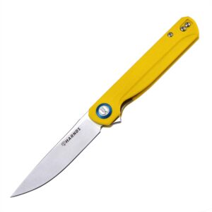 harnds wind pocket knife flipper sandvik steel g10 handle folding knife ball bearing with 2-position clip for camping survival and edc (yellow)