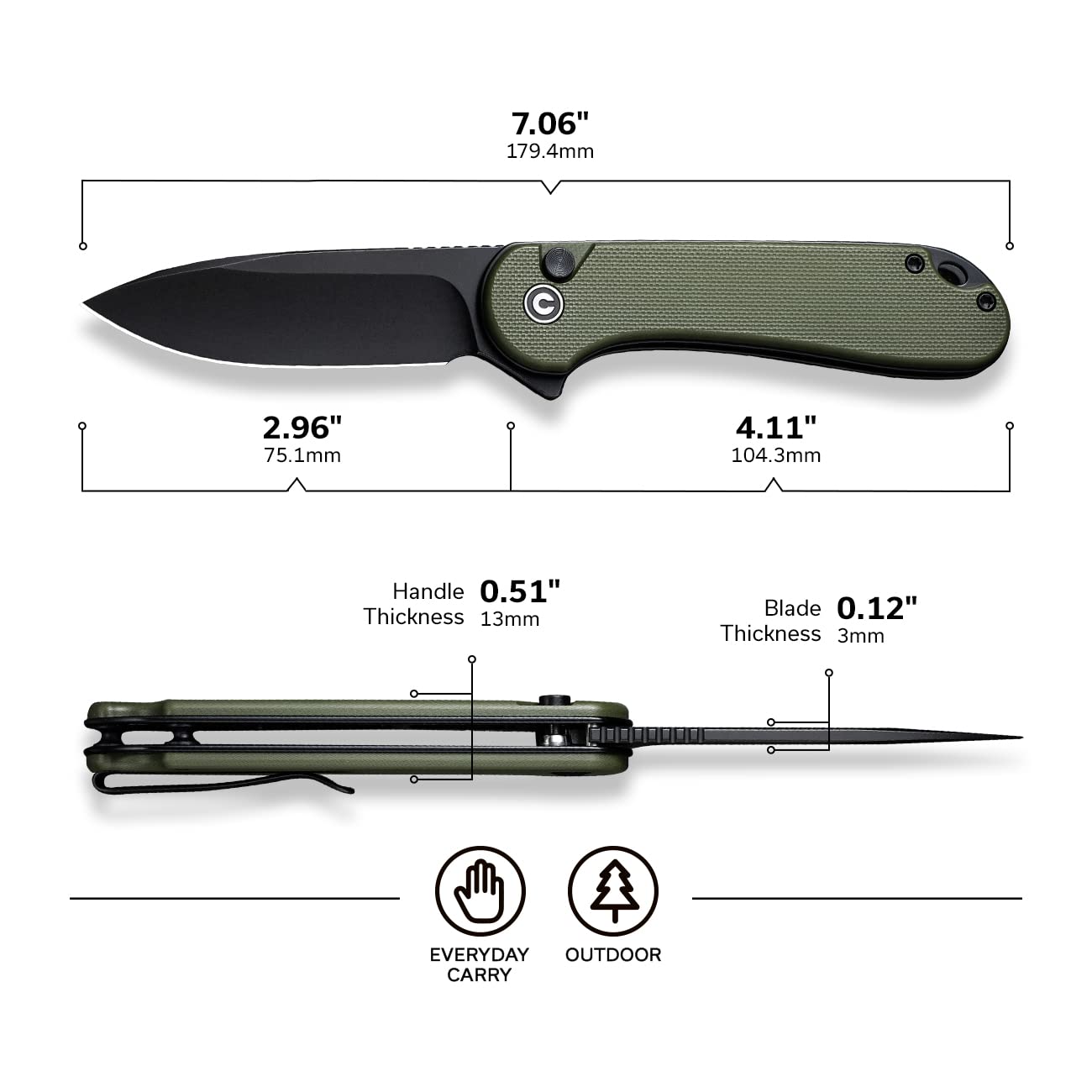 CIVIVI Elementum II Pocket Folding Knife, 2.96" Nitro-V Steel Blade G10 Handle Utility Knife with Deep Carry Pocket Clip for Camping Hiking Hunting C18062P-3