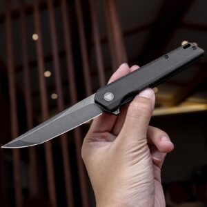 TRIVISA Pocket Knives for Men,3.58in Black Stonewashed Japanese Tanto 10Cr15CoMoV Blade with Front Flipper,Liner Lock Micarta Handle,Folding Deep Carry Clip Slim Knife for Women EDC Hunting,Equ-04B