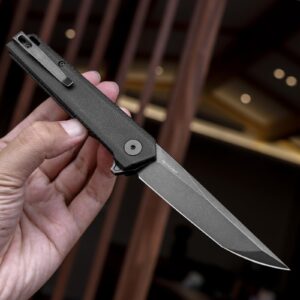 TRIVISA Pocket Knives for Men,3.58in Black Stonewashed Japanese Tanto 10Cr15CoMoV Blade with Front Flipper,Liner Lock Micarta Handle,Folding Deep Carry Clip Slim Knife for Women EDC Hunting,Equ-04B