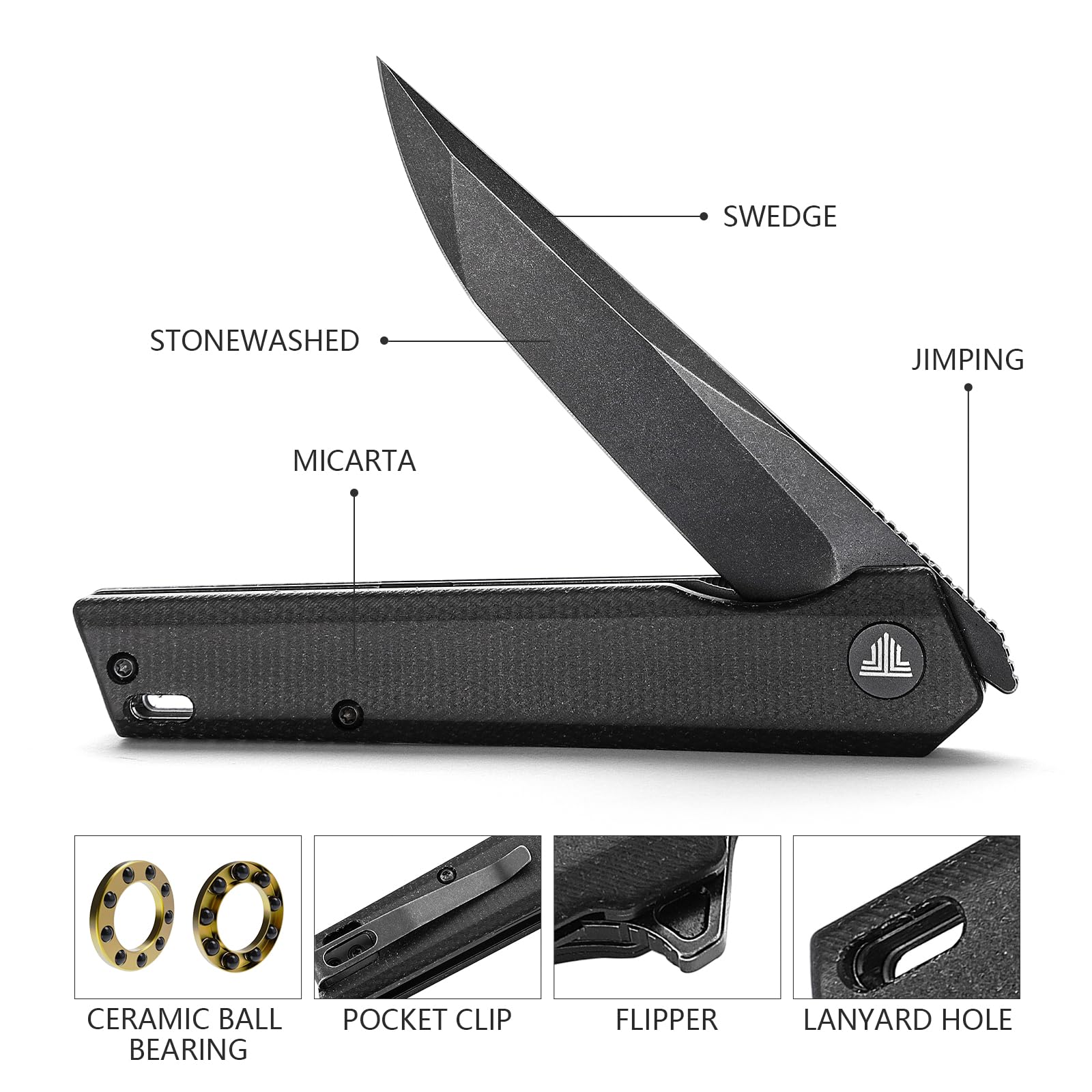 TRIVISA Pocket Knives for Men,3.58in Black Stonewashed Japanese Tanto 10Cr15CoMoV Blade with Front Flipper,Liner Lock Micarta Handle,Folding Deep Carry Clip Slim Knife for Women EDC Hunting,Equ-04B