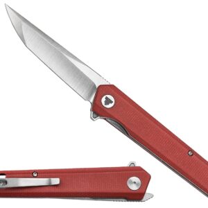 TRIVISA Japanese Front Flipper Pocket Knife，3.58in Stonewashed&Satin Folding Tanto Blade Red Micarta Handle with Clip，Unique Liner Lock Slim EDC Knives for CEO Gentleman/Men Camping Hunting,Equ-04R