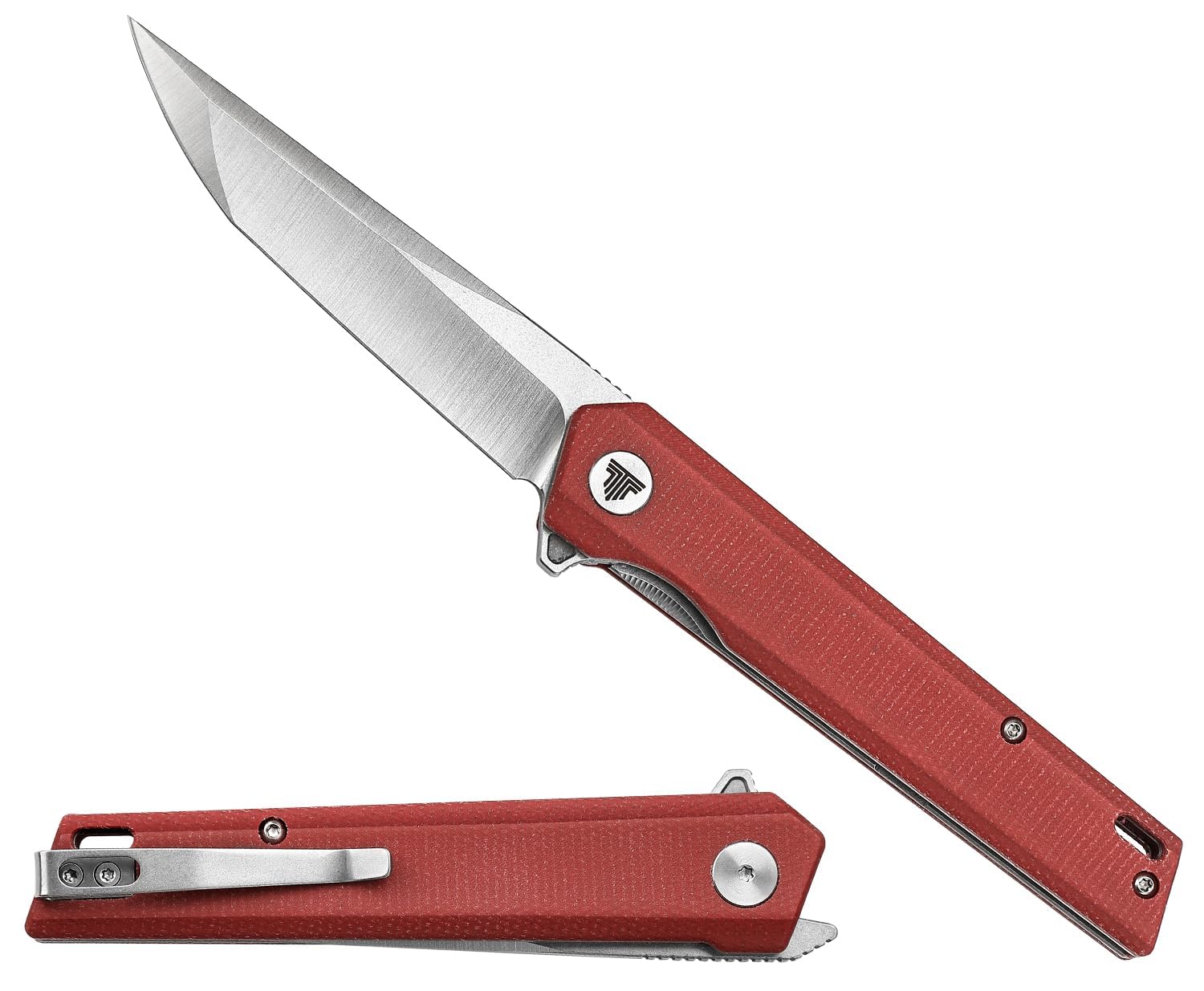 TRIVISA Japanese Front Flipper Pocket Knife，3.58in Stonewashed&Satin Folding Tanto Blade Red Micarta Handle with Clip，Unique Liner Lock Slim EDC Knives for CEO Gentleman/Men Camping Hunting,Equ-04R