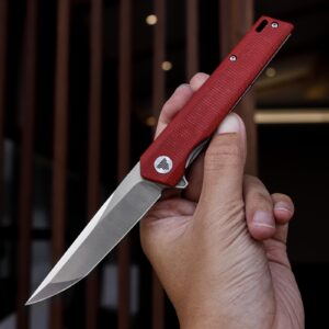 TRIVISA Japanese Front Flipper Pocket Knife，3.58in Stonewashed&Satin Folding Tanto Blade Red Micarta Handle with Clip，Unique Liner Lock Slim EDC Knives for CEO Gentleman/Men Camping Hunting,Equ-04R