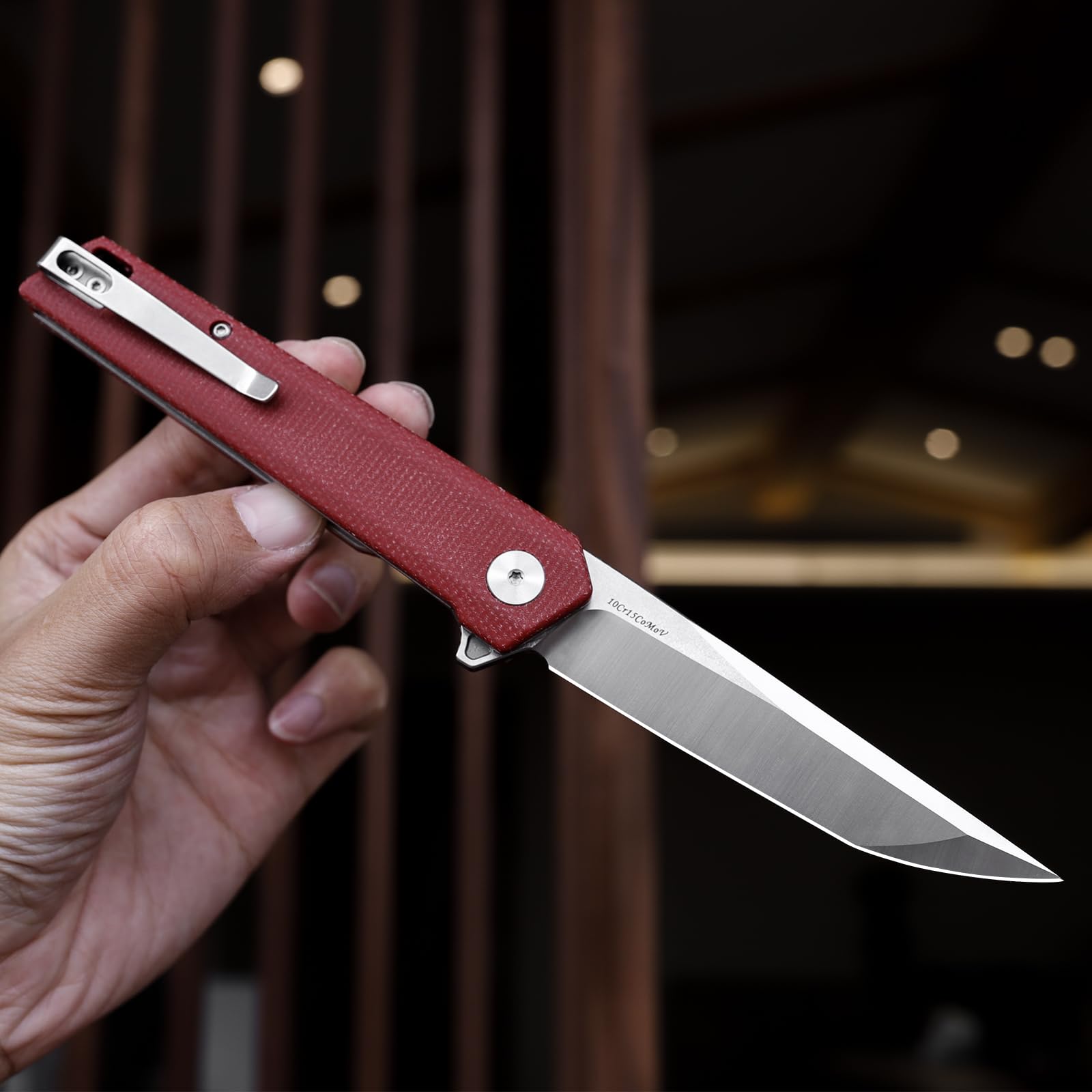 TRIVISA Japanese Front Flipper Pocket Knife，3.58in Stonewashed&Satin Folding Tanto Blade Red Micarta Handle with Clip，Unique Liner Lock Slim EDC Knives for CEO Gentleman/Men Camping Hunting,Equ-04R