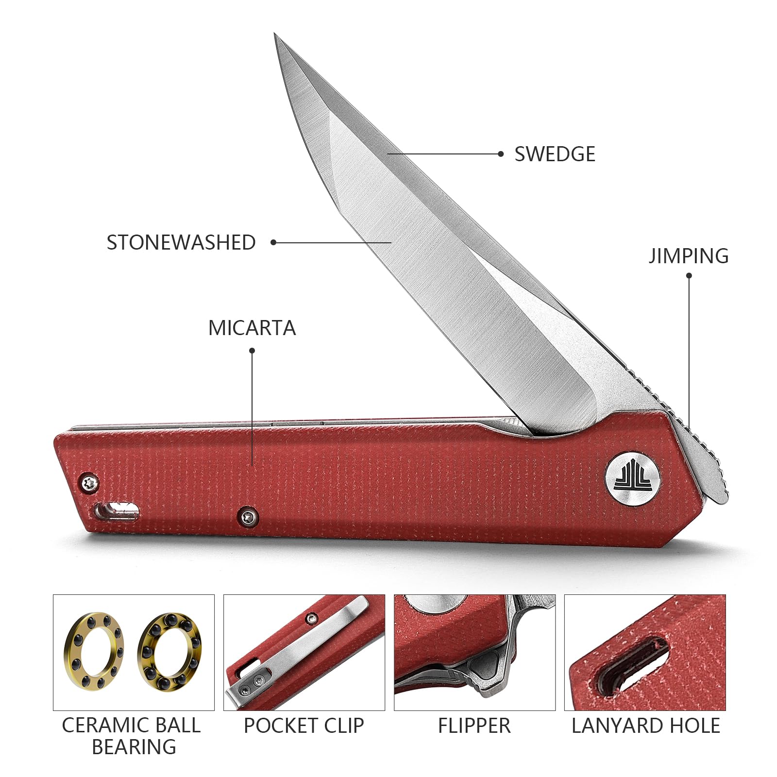 TRIVISA Japanese Front Flipper Pocket Knife，3.58in Stonewashed&Satin Folding Tanto Blade Red Micarta Handle with Clip，Unique Liner Lock Slim EDC Knives for CEO Gentleman/Men Camping Hunting,Equ-04R