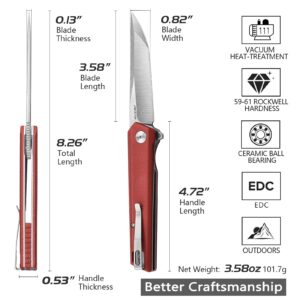 TRIVISA Japanese Front Flipper Pocket Knife，3.58in Stonewashed&Satin Folding Tanto Blade Red Micarta Handle with Clip，Unique Liner Lock Slim EDC Knives for CEO Gentleman/Men Camping Hunting,Equ-04R