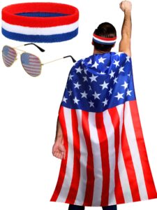 frienda american flag costume cape, retro 80's usa sunglasses and flag headband for 4th of july independence day celebration