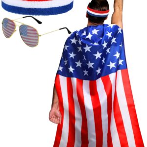 Frienda American Flag Costume Cape, Retro 80's USA Sunglasses and Flag Headband for 4th of July Independence Day Celebration