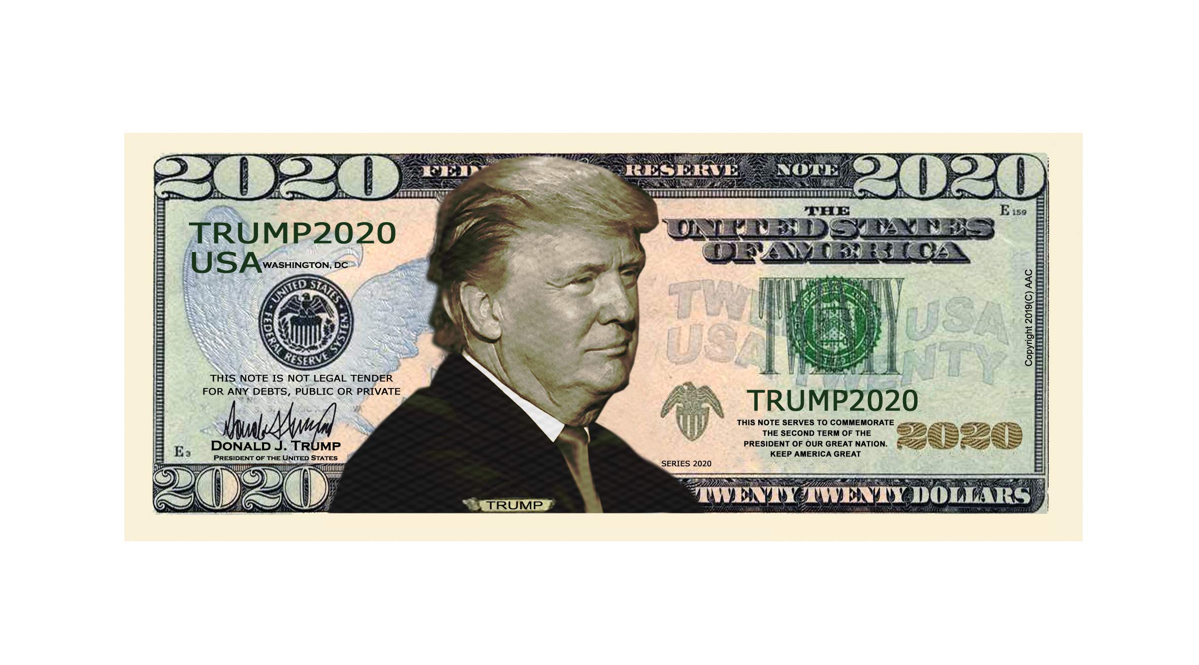 Trump Money Pack of 50 - Donald Trump 2020 Re-Election Presidential Dollar Bill - Limited Edition Novelty Dollar Bill. Full Color Front & Back Printing with Great Detail.