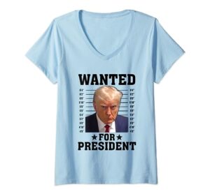 womens wanted donald trump for president 2024 usa flag vintage v-neck t-shirt