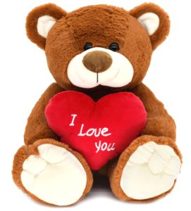 i love you! 10'' teddy bear with red heart, soft plush bear doll stuffed animal toys valentines day decor gifts for her/girlfriend lover mom kids (brown)