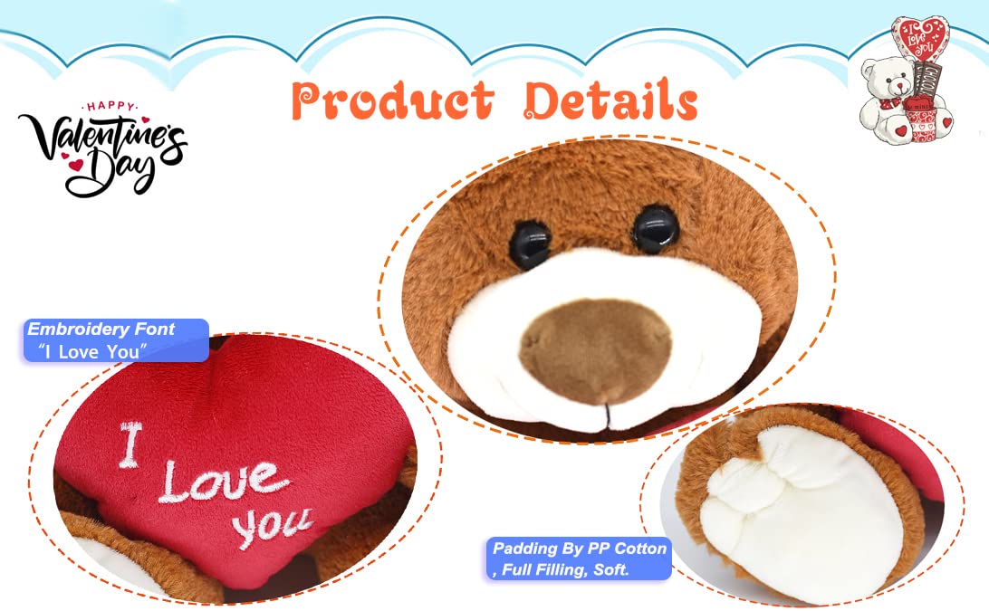 I Love You! 10'' Teddy Bear with Red Heart, Soft Plush Bear Doll Stuffed Animal Toys Valentines Day Decor Gifts for Her/Girlfriend Lover Mom Kids (Brown)