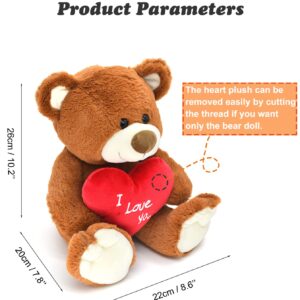 I Love You! 10'' Teddy Bear with Red Heart, Soft Plush Bear Doll Stuffed Animal Toys Valentines Day Decor Gifts for Her/Girlfriend Lover Mom Kids (Brown)