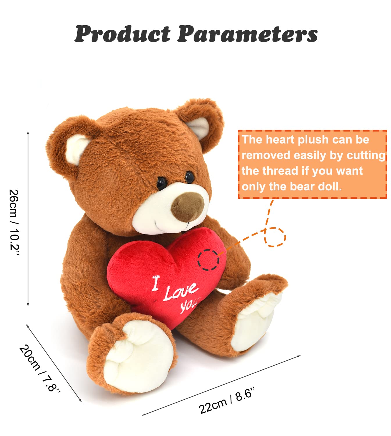 I Love You! 10'' Teddy Bear with Red Heart, Soft Plush Bear Doll Stuffed Animal Toys Valentines Day Decor Gifts for Her/Girlfriend Lover Mom Kids (Brown)