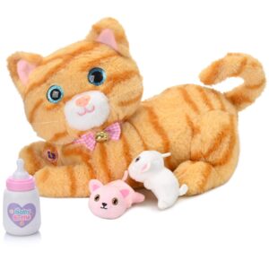 electronic cat stuffed animals toys for ages 3 4 5 6 7 8+ years old kids - mommy cat with 2 baby kitty in her tummy, idea xmas birthday gifts for baby, toddler, girls, boys (yellow)