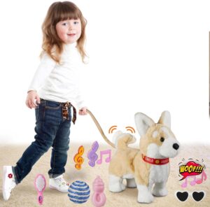 hcdoujoy corgi walking dog barking toy, musical singing dancing dog, volume control interactive puppy walk along with leash, wagging tail shaking head, electronic dog stuffed animal puppy for kid