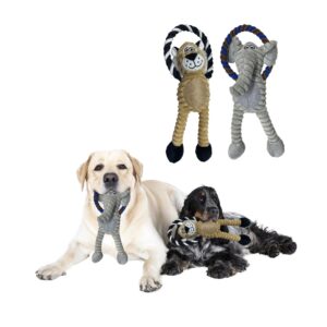 fenice dog toys 2-pack set, squeaky plush dog toys, puppy chew toys for teething, durable interactive dog rope toy stuffed elephant & lion for aggressive chewers, tug of war plush dog toys