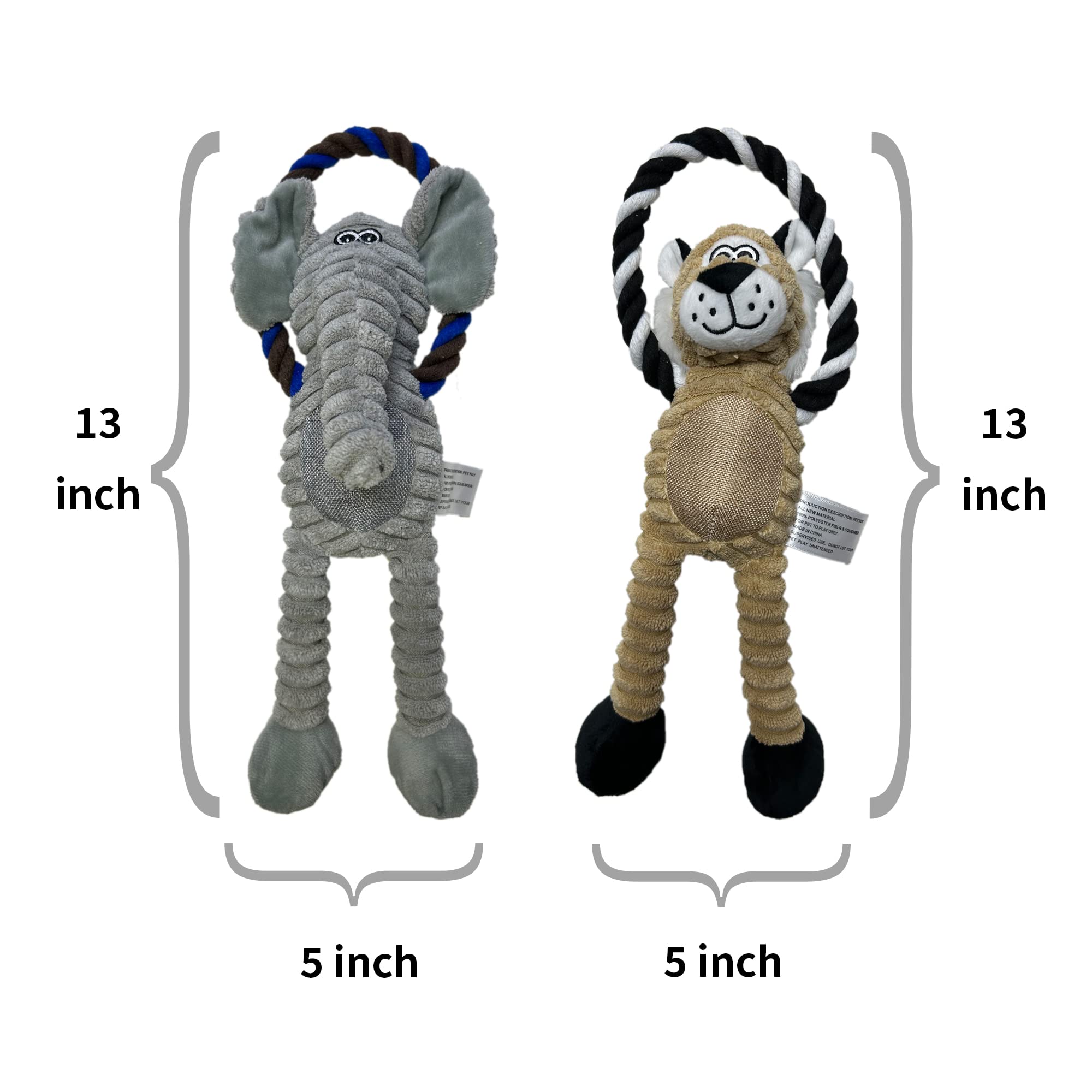 Fenice Dog Toys 2-Pack Set, Squeaky Plush Dog Toys, Puppy Chew Toys for Teething, Durable Interactive Dog Rope Toy Stuffed Elephant & Lion for Aggressive Chewers, Tug of War Plush Dog Toys