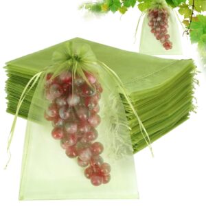 100pcs fruit protection bags 8x12 inch, green netting cover bags drawstring mesh fruit protectors pest barrier for grapes mango fruit trees veggies garden