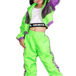 LOLANTA Girls Dance Clothing Set, Hip Hop Modern Jazz Team Performance Costume, Girls Dance Wear Sets (Green, 5-6)