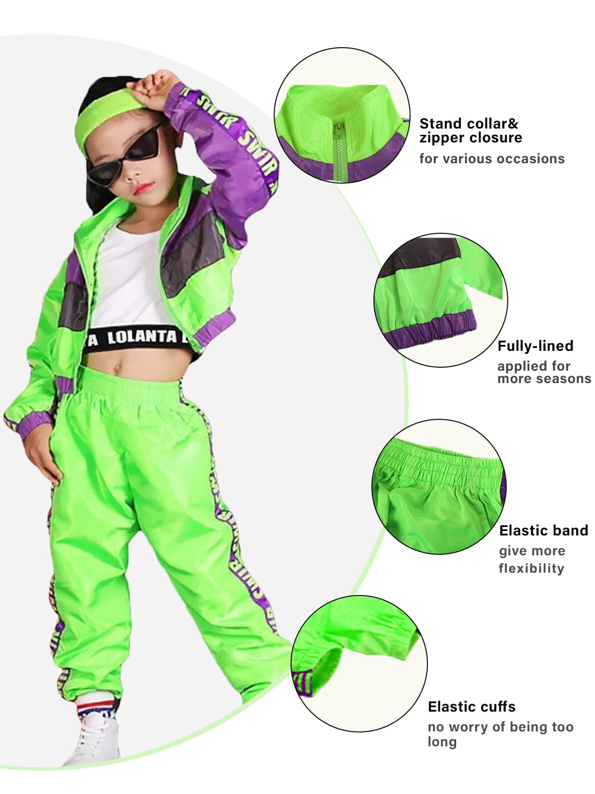 LOLANTA Girls Dance Clothing Set, Hip Hop Modern Jazz Team Performance Costume, Girls Dance Wear Sets (Green, 5-6)