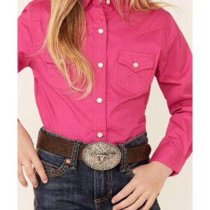 Wrangler Girls' Long Sleeve Western Snap Shirt, Pink, Small