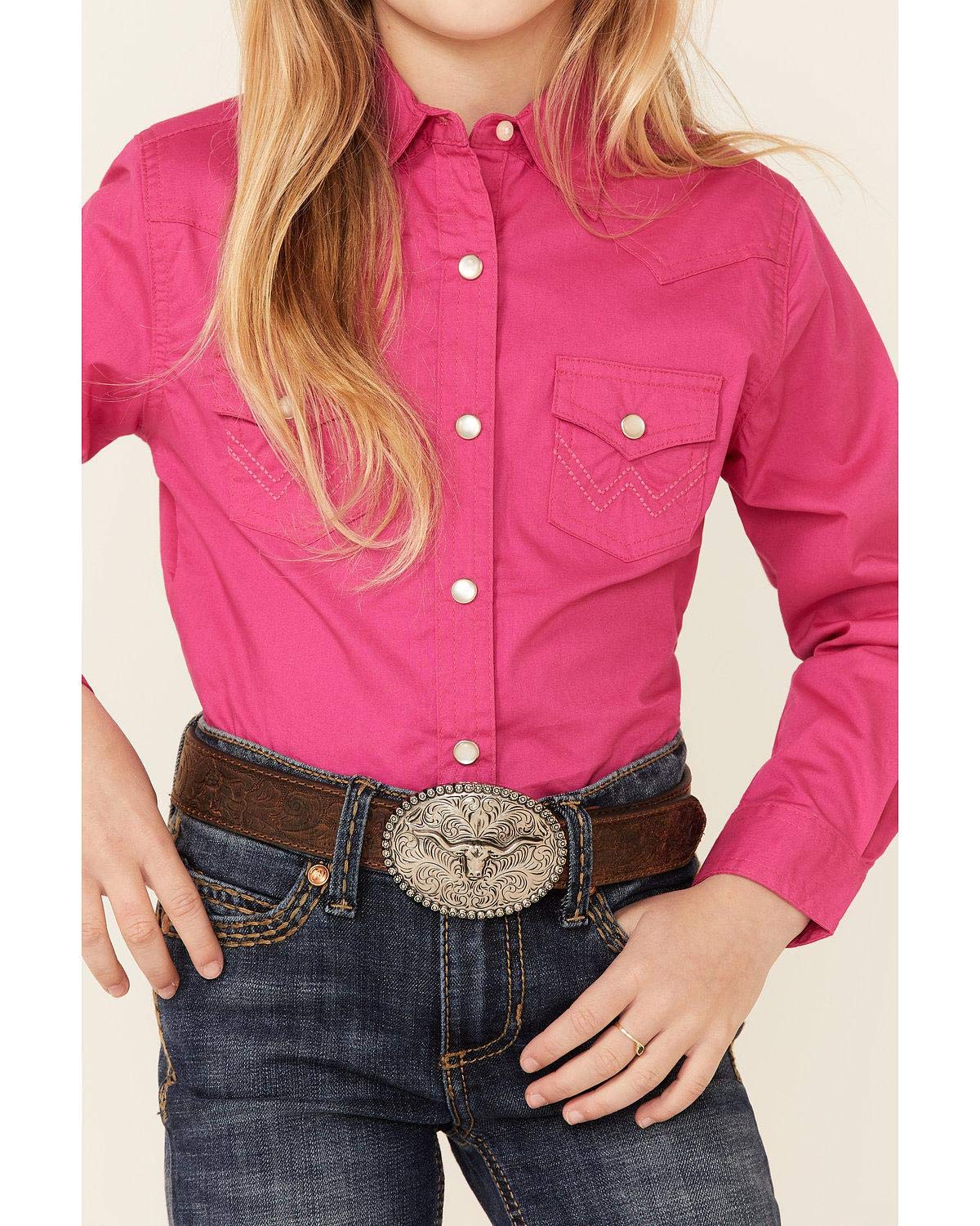 Wrangler Girls' Long Sleeve Western Snap Shirt, Pink, Small