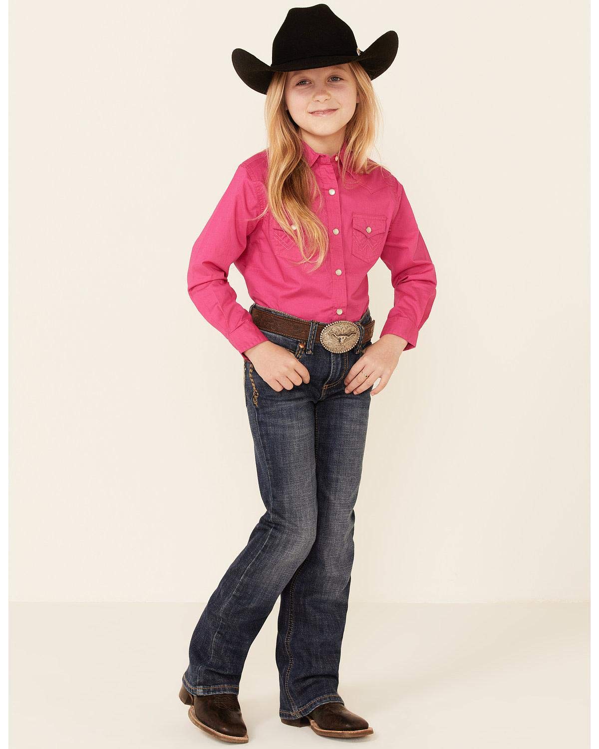 Wrangler Girls' Long Sleeve Western Snap Shirt, Pink, Small