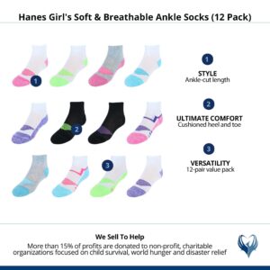 Hanes girls Cool Comfort Ankle Socks, 12-pair Pack fashion liner socks, Assorted, Medium US