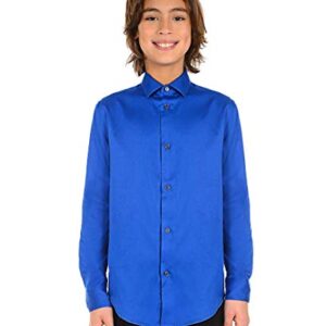 Calvin Klein Boys' Long Sleeve Sateen Dress Shirt, Button-down Style With Buttoned Cuffs & Shirttail Hem, Dark Blue, 6