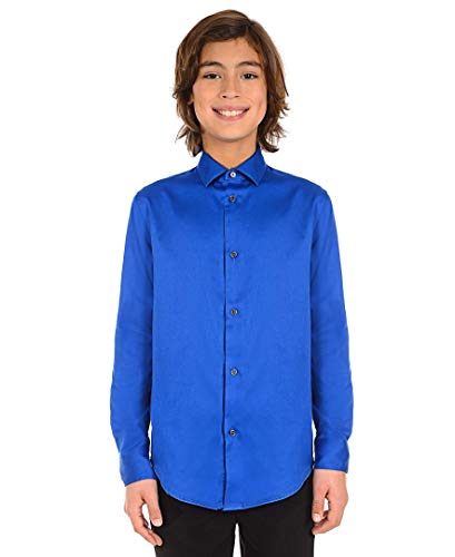 Calvin Klein Boys' Long Sleeve Sateen Dress Shirt, Button-down Style With Buttoned Cuffs & Shirttail Hem, Dark Blue, 6