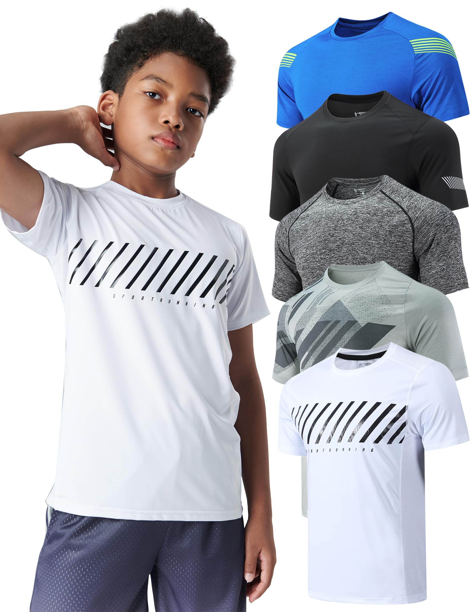 5 Pack Boys Athletic Shirts, Youth Activewear Dry Fit Tshirts for Kids, Short Sleeve Tees, Bulk Athletic Performance Clothing (Set 3, Medium)