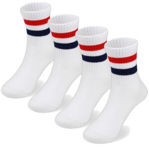 cotton day unisex school kids boys girls soft cotton white athletic socks with retro red blue stripes 8-10 years size l (10)