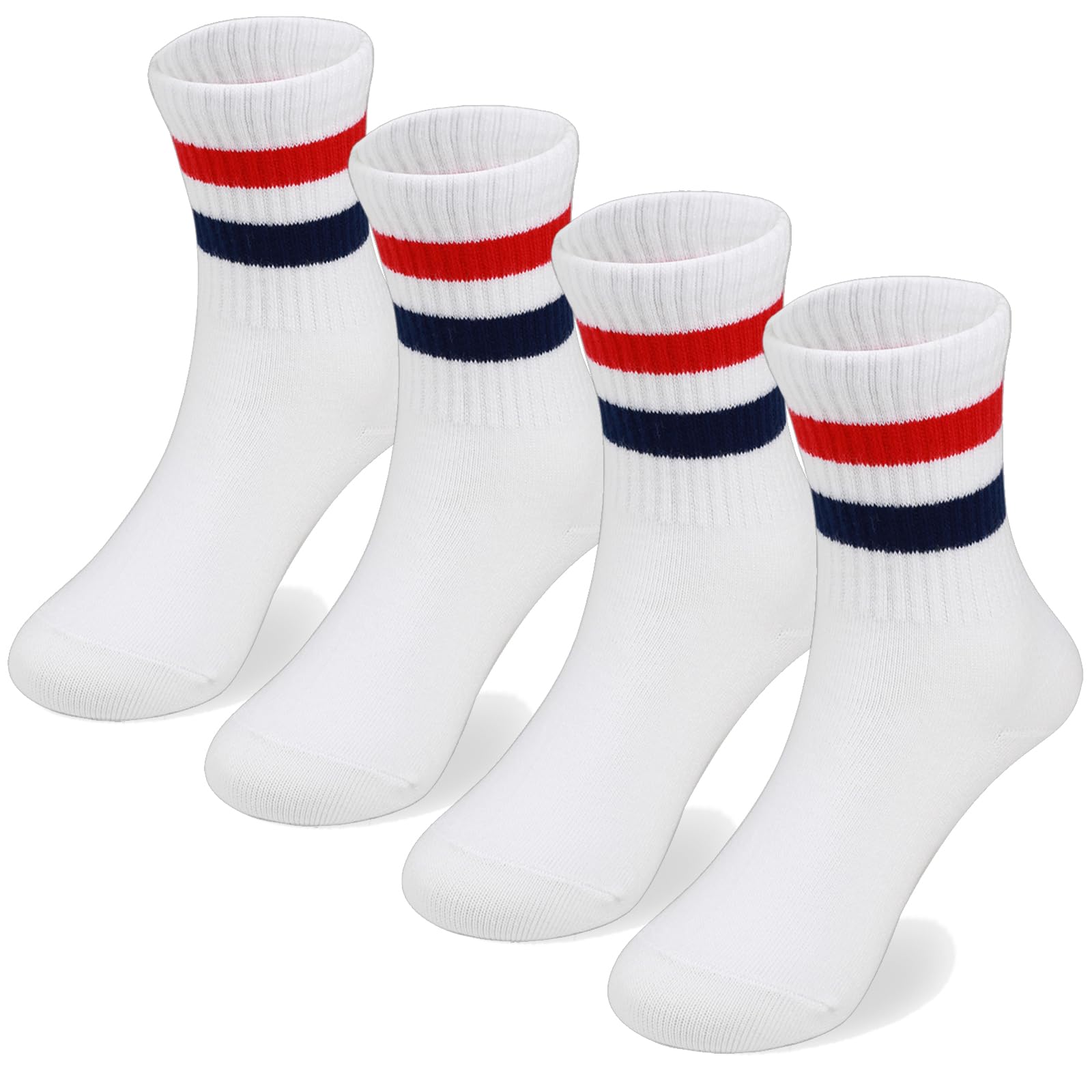 COTTON DAY Unisex School Kids Boys Girls Soft Cotton White Athletic Socks with Retro Red Blue Stripes 8-10 Years Size L (10)