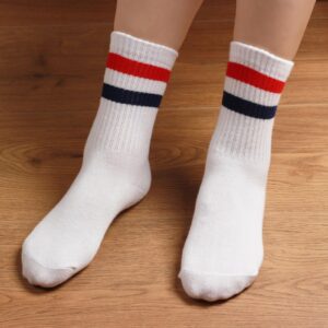 COTTON DAY Unisex School Kids Boys Girls Soft Cotton White Athletic Socks with Retro Red Blue Stripes 8-10 Years Size L (10)