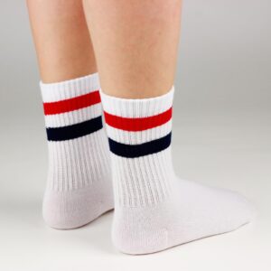 COTTON DAY Unisex School Kids Boys Girls Soft Cotton White Athletic Socks with Retro Red Blue Stripes 8-10 Years Size L (10)