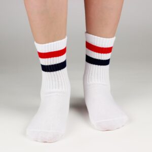 COTTON DAY Unisex School Kids Boys Girls Soft Cotton White Athletic Socks with Retro Red Blue Stripes 8-10 Years Size L (10)