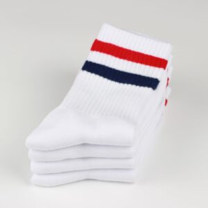 COTTON DAY Unisex School Kids Boys Girls Soft Cotton White Athletic Socks with Retro Red Blue Stripes 8-10 Years Size L (10)