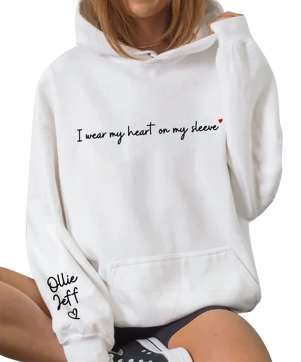 I Wear My Heart on My Sleeve Hoodie Kids Children Name on Sleeve, Custom Mom Hoodie, Mama Hoodie, Personalized Hoodie Mothers Day Birthday for Mom, Mama, Grandma, Women, Her.