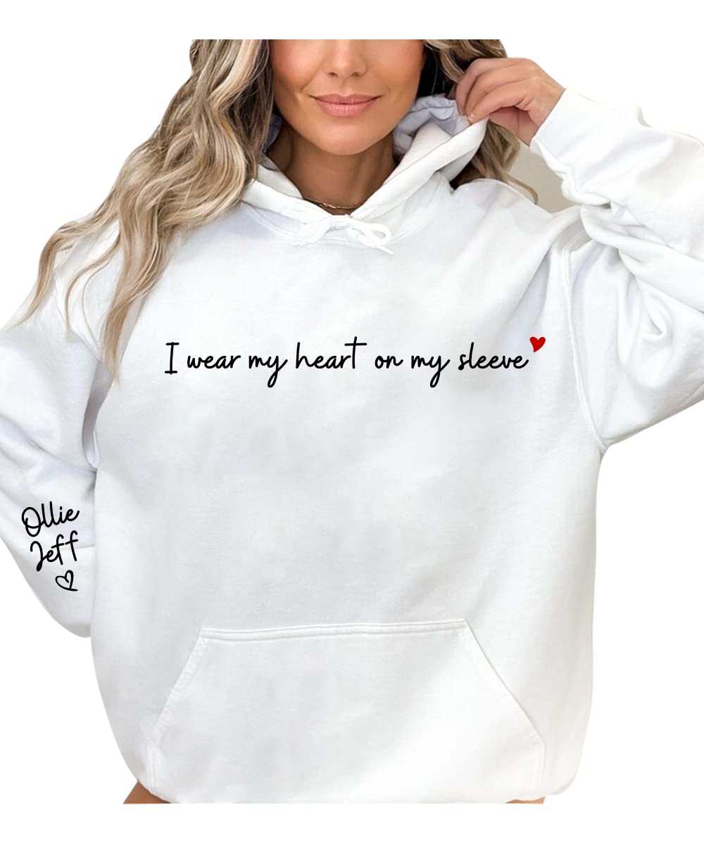 I Wear My Heart on My Sleeve Hoodie Kids Children Name on Sleeve, Custom Mom Hoodie, Mama Hoodie, Personalized Hoodie Mothers Day Birthday for Mom, Mama, Grandma, Women, Her.