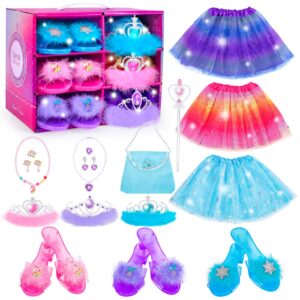 hohosunlar princess dress up toys, girls dress up costumes set w/ 3 themes of unicorn mermaid ice skirts, shoes, crowns, purse and toddler jewelry boutique kit, pretend play gifts for girls 3-6